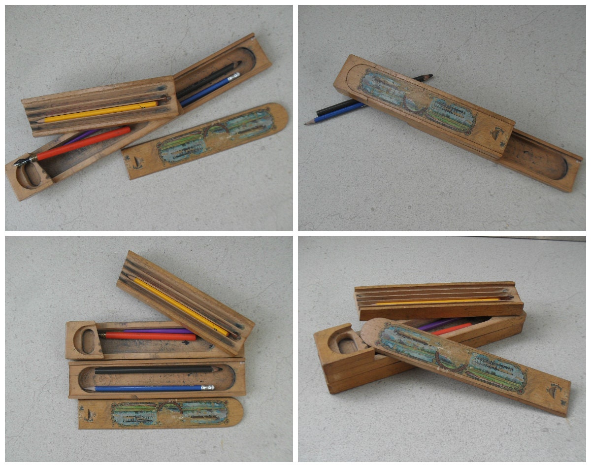 Vintage wooden pencil case pencil box 1960s-70s