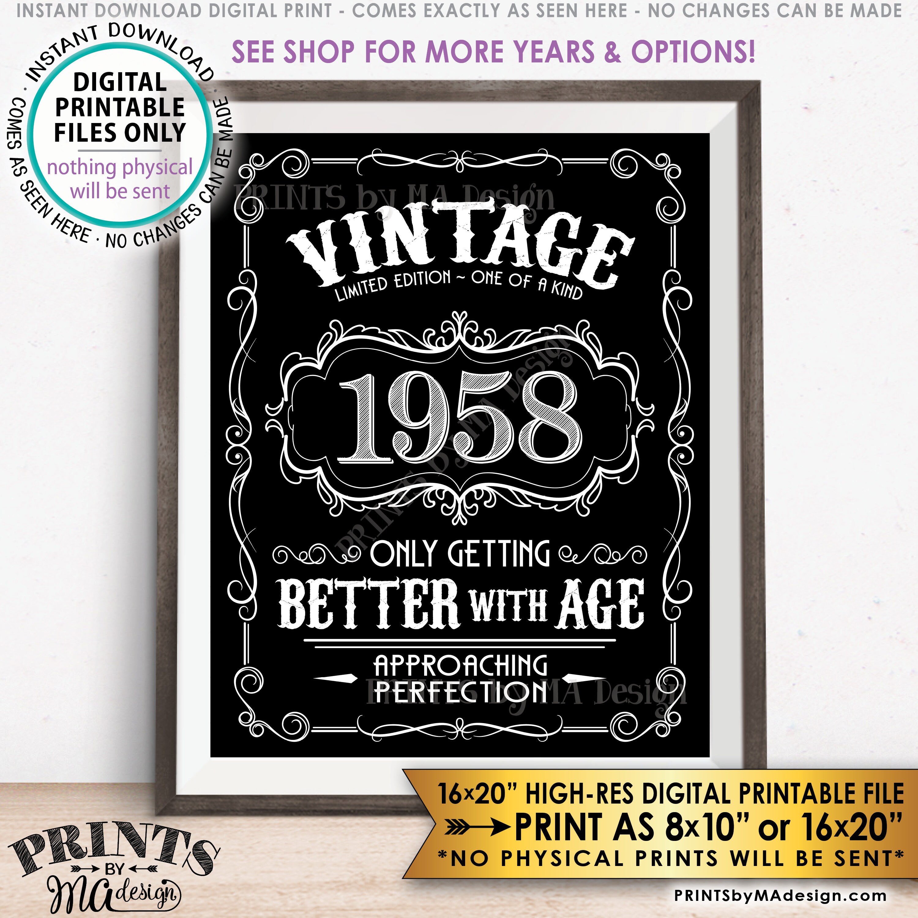 1958 Birthday Sign, Better with Age Vintage Birthday Poster, Aged to ...