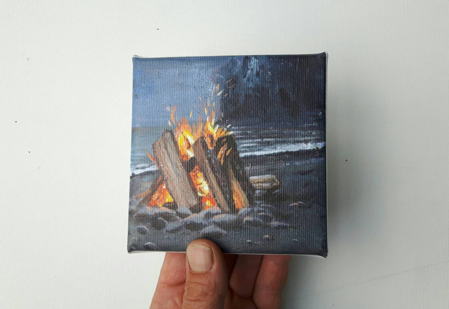 Small campfire print print on canvas tiny painting small