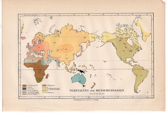 1894 human RACES map print original antique ancient culture