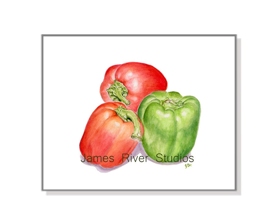 Pepper Art Bell Pepper Painting Red Pepper Print. Green Pepper