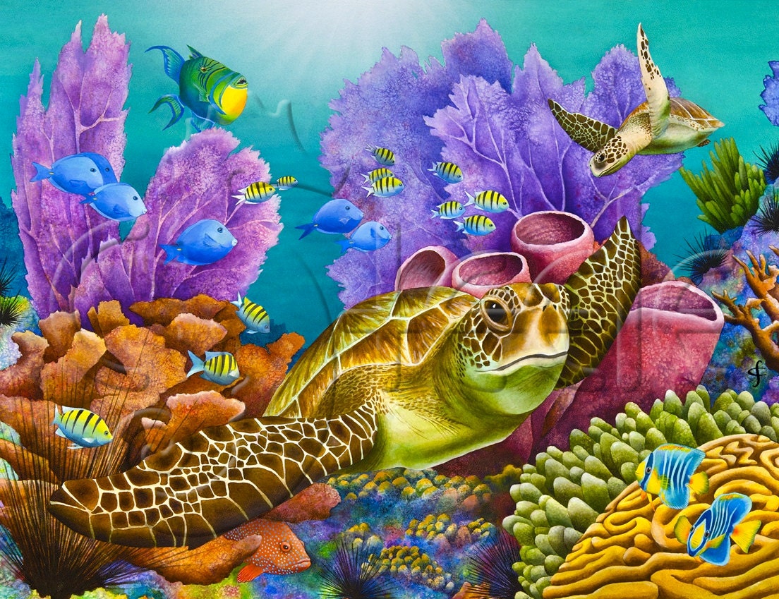 Carolyn Steele tropical art print coral reef and sea turtle