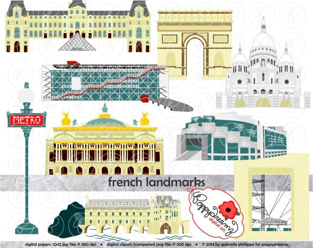 French Landmarks Digital Clip Art: Lourve Arc de Triomphe