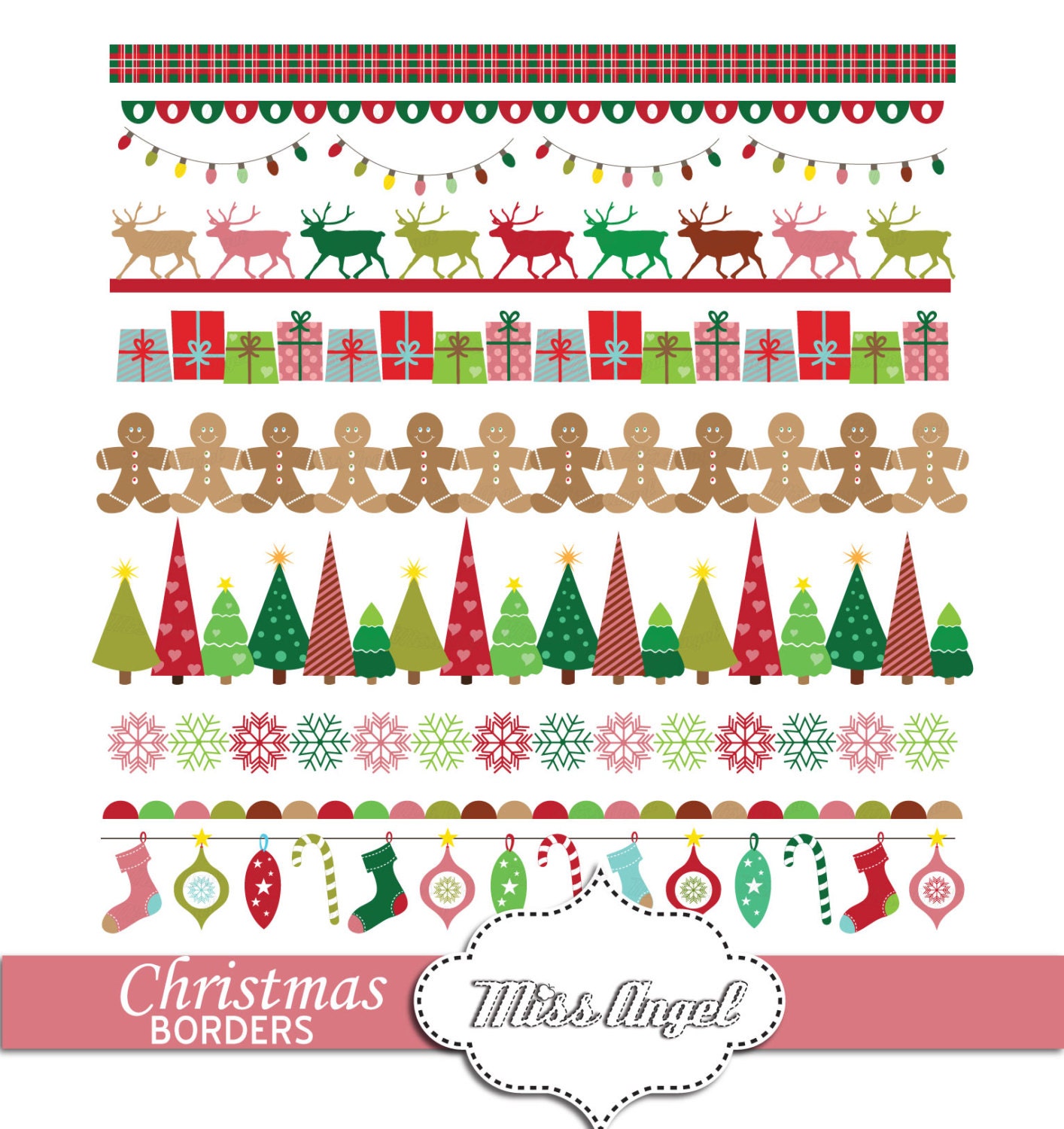 Digital Christmas Borders Clip art Red Green Blue. Small