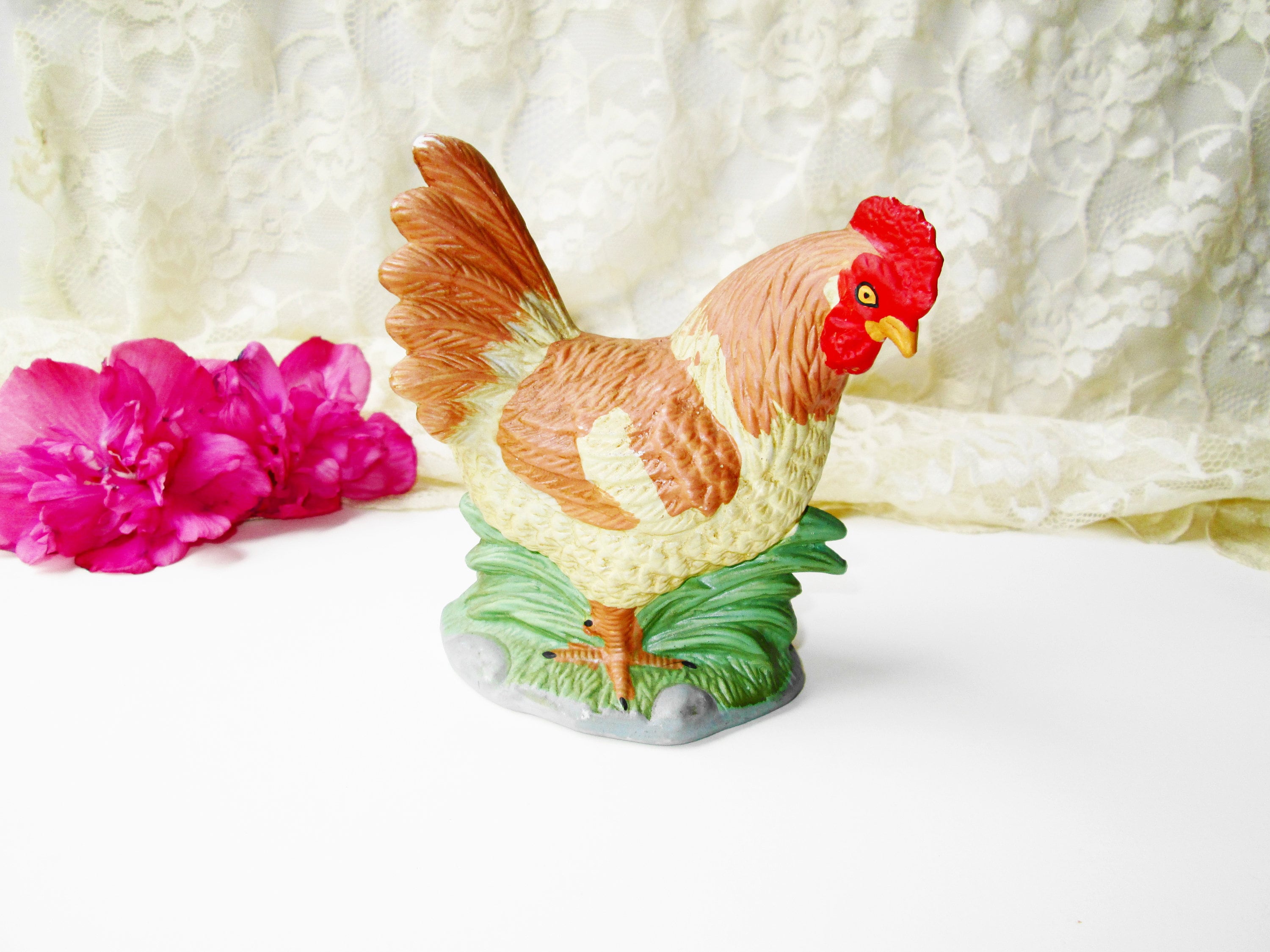 Chicken Hen Figure Figurine Vintage Bisque Ceramic Brown