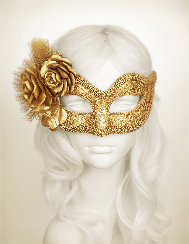 Metallic Gold Masquerade Mask With Fabric Roses Lace
