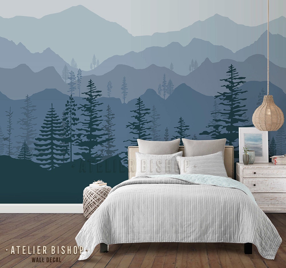Ombre Mountain Scenery with Pine forest trees wallpaper