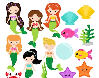 Colorful Mermaids Clipart Set clip art set of mermaids sea