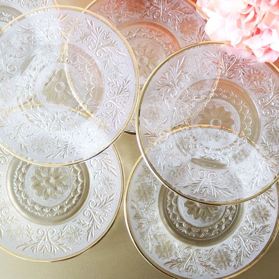 Vintage Clear Glass Dessert Plates With Gold Rims Set If 6