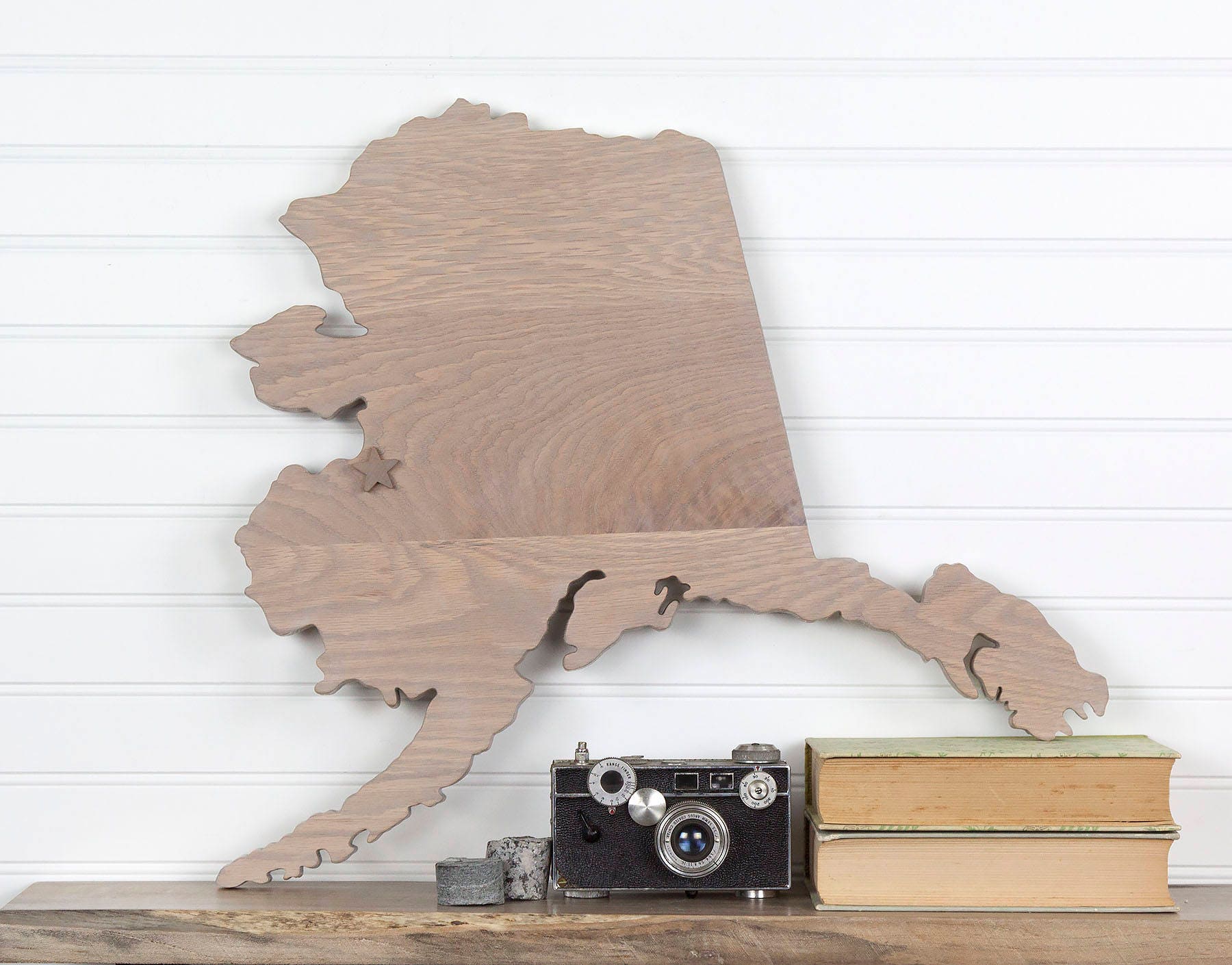 Alaska state shape wood cutout sign wall art with star or