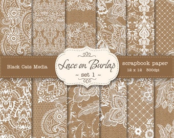 Burlap Lace Wedding digital paper: BURLAP LACE 2