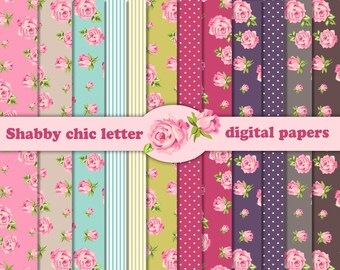 9 Shabby Chic Rose Pink and Gray Digital Scrapbook Papers 8x12