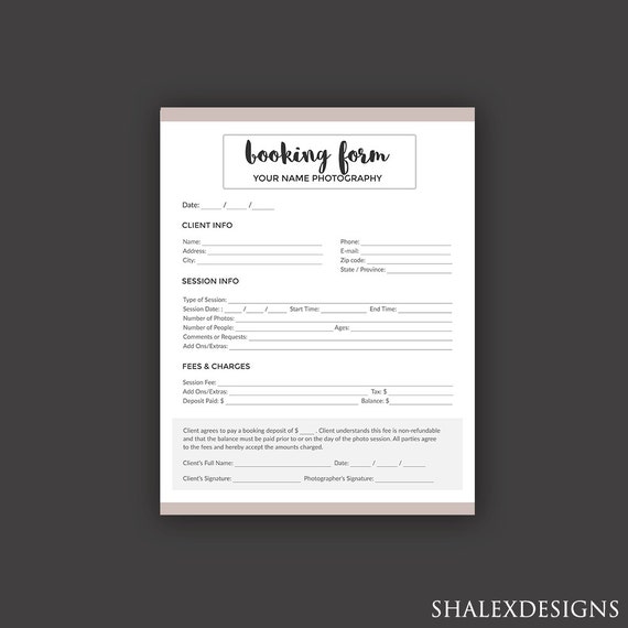 Photography Order Booking Form for Photographers Client