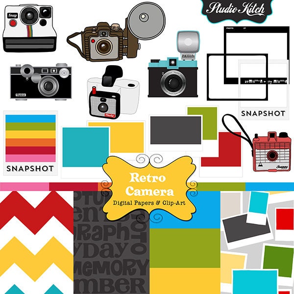 Retro Camera Clip-art and digital paper set scrapbooking