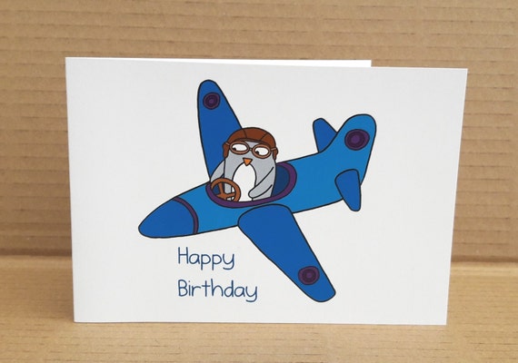 Flying Birthday Card Funny Penguin Pilot Plane-Aeroplane