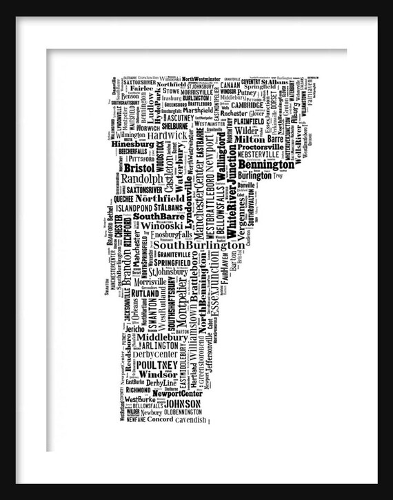 Vermont State Map Typography Map Poster Print Custom