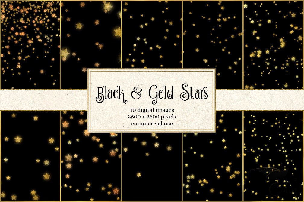 Black and Gold Star Digital Paper whimsical golden starry