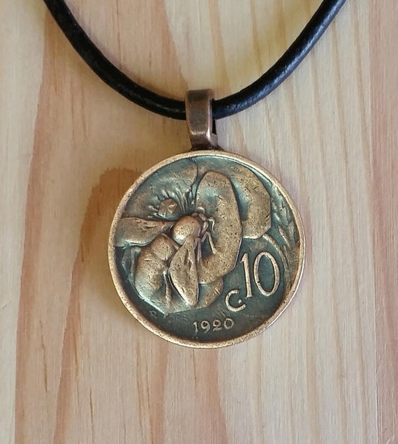 Honey bee on flower coin pendant Italy 10 centesimi coin