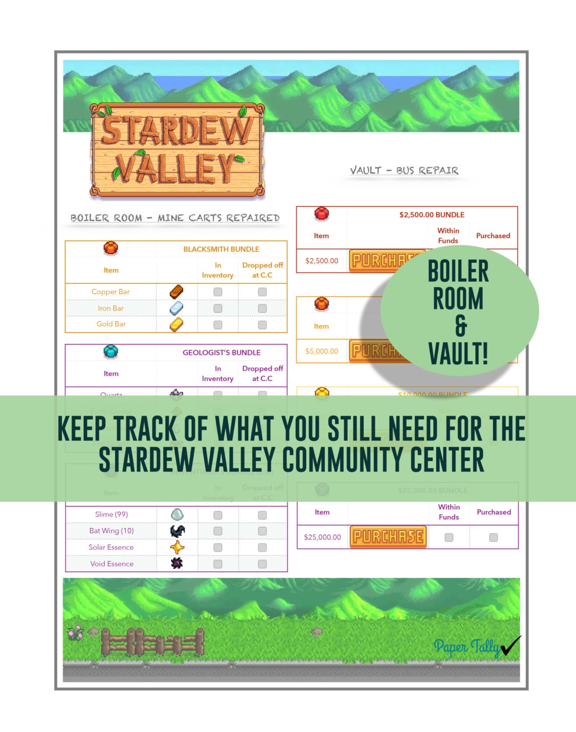 Stardew Valley checklist vault and boiler room bundle