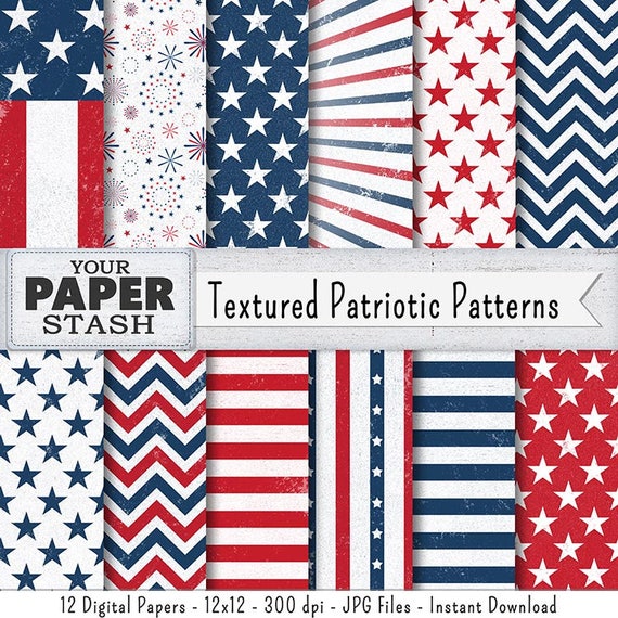 Patriotic 4th of July Digital Papers Red White Blue