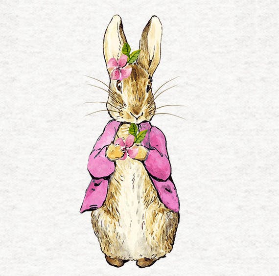 Peter Rabbits sister Flopsy in her pink coat and flowers