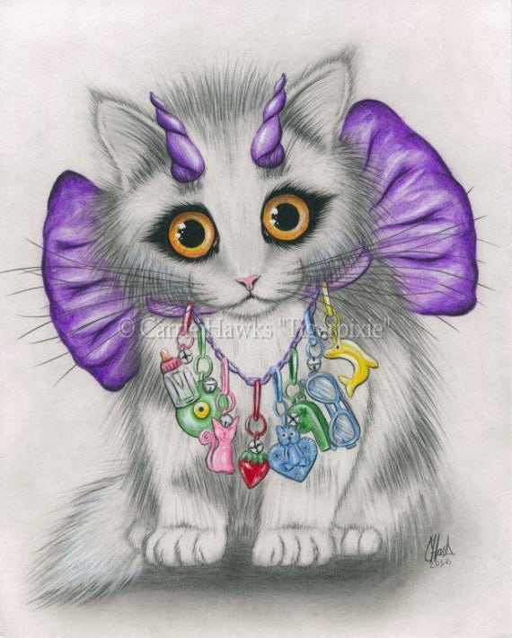 Cute Devil Kitten Cat Drawing Little Purple Horns Big Eye Cat