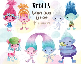 Trolls 3. Watercolor clip art frames borders buntings