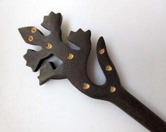 5 Pieces Ebony Wood Trishul Trident Hand Carved Hair Fork