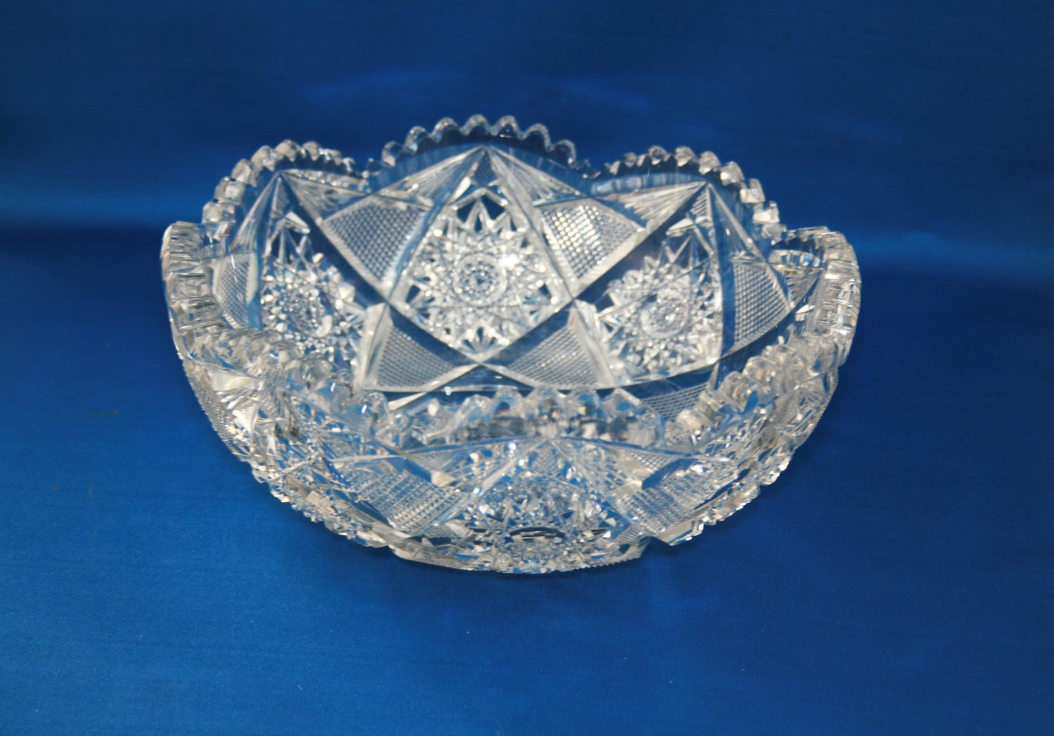 Antique American Brilliant Period Abp Cut Crystal 9” Bowl Saw Tooth Edge Hobstars With Hobnail