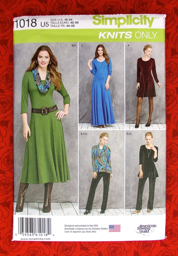 Simplicity 1018 Sewing Pattern Knit Dress Tunic Pants Cowl