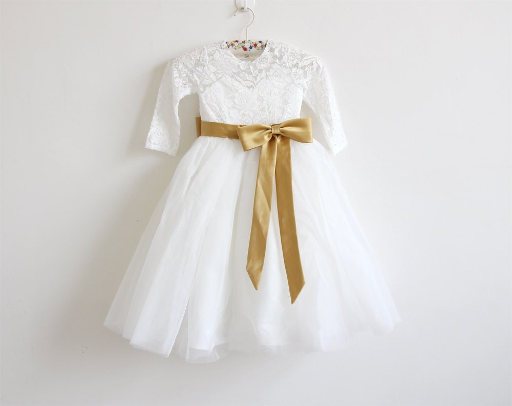 Long Sleeves Light Ivory Flower Girl Dress Lace Tulle Flower