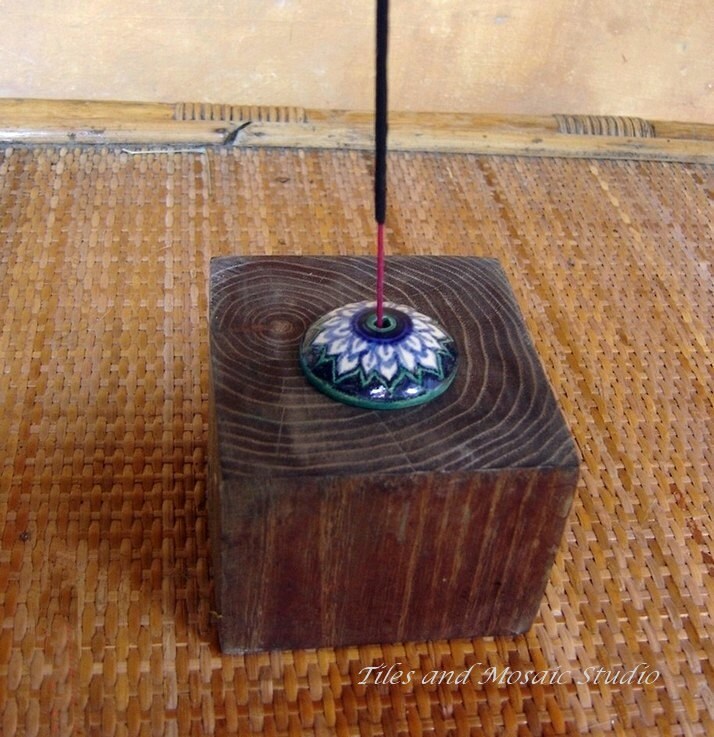 Round Ceramic incense stick holder hand painted Green