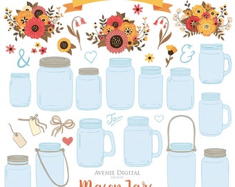 Pink and Mint Mason Jar Wedding Clipart. Scrapbook Clip Art