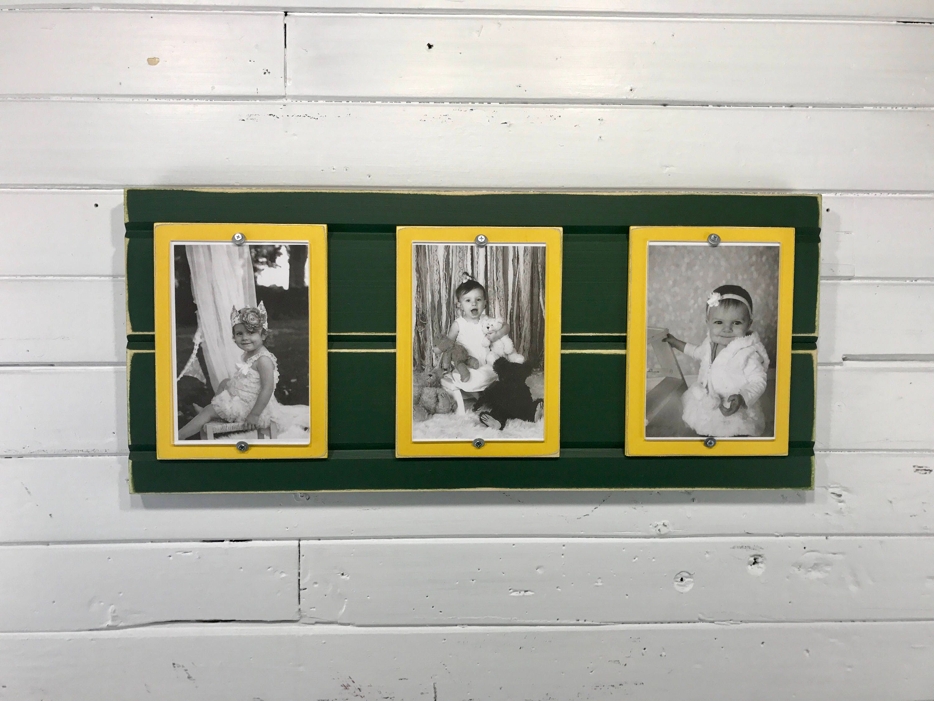 Green and Yellow picture triple frame holds 3 4x