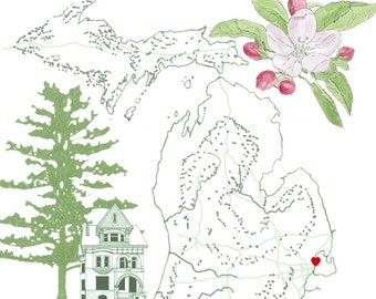 STATE FLOWERscape Map Drawing Art Print 50 State Flowers