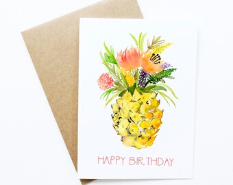 Watercolor Pineapple Tropical Flowers Pink Hibiscus Palm