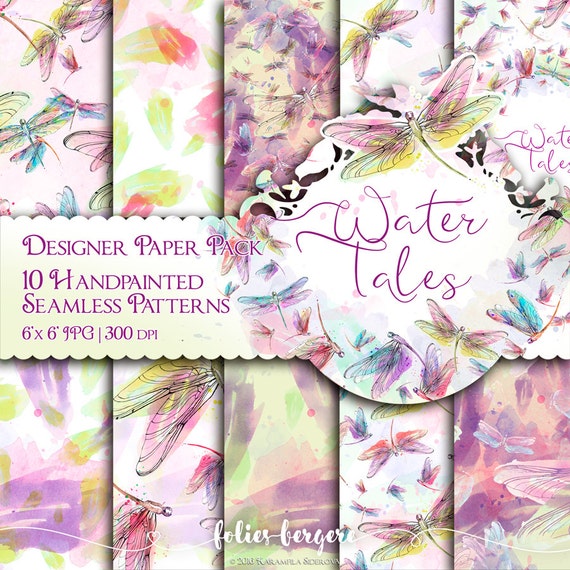 Watercolor Digital Paper Colorful Dragonflies Handpainted
