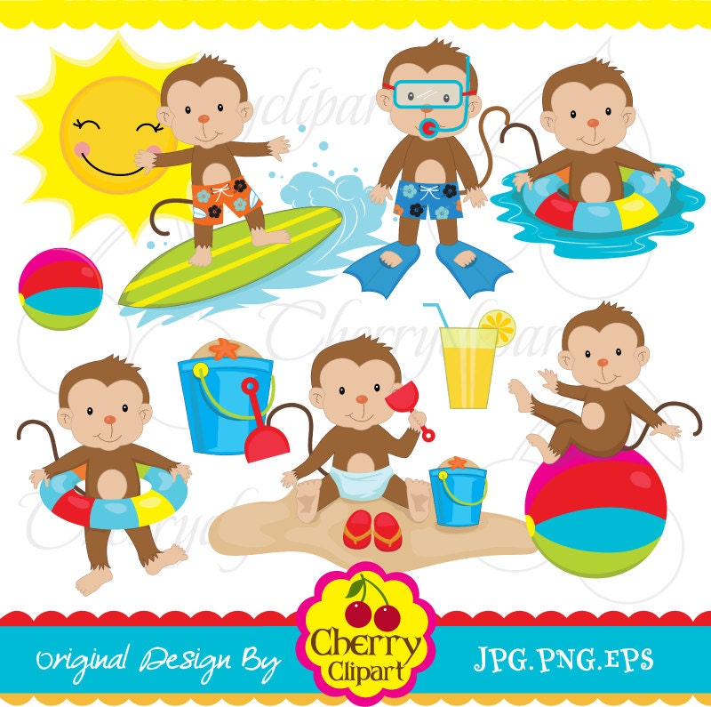 Summer beach time monkeys for boys digital clipart set