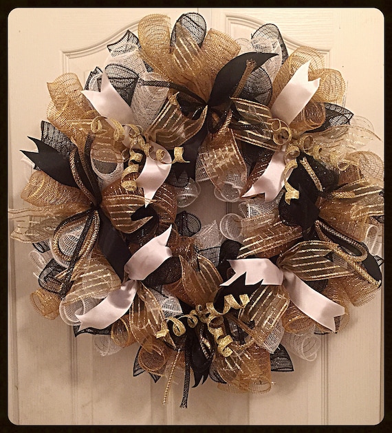 Elegant Black Gold and White Deco Mesh Wreath/Black Gold and
