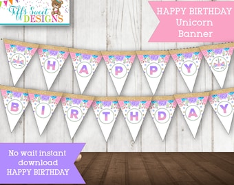 printable UNICORN Happy BIRTHDAY BANNER Pale Pink and Gold