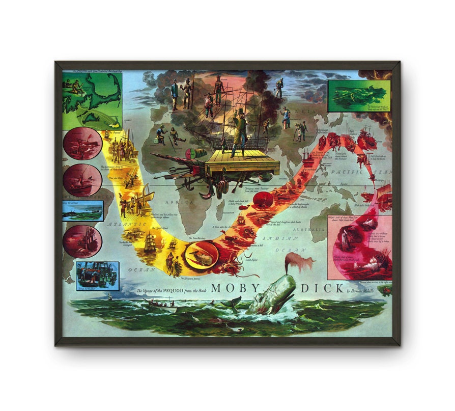 Moby Dick Map Wall Art Poster Pequod Nautical Voyage Map