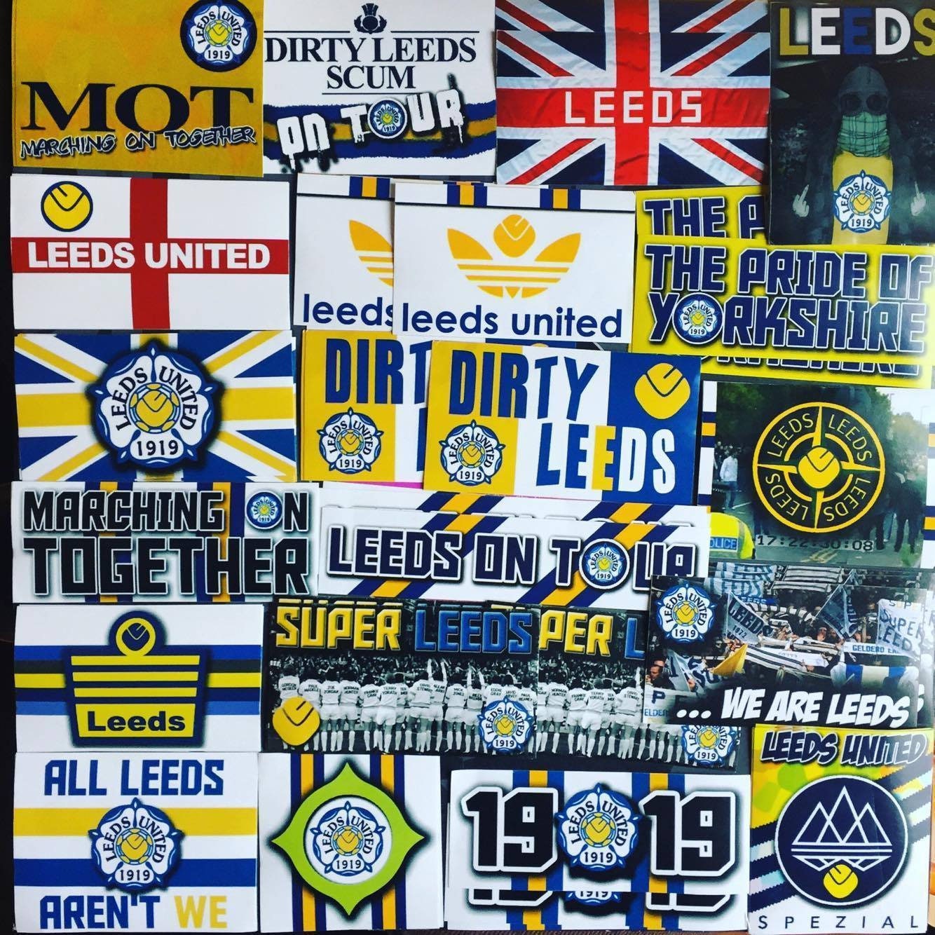 100 x Leeds United Stickers Based on LUFC Poster Shirt Scarf