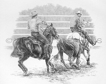 Saddle Bronc drawing of a rodeo cowboy riding a bronc at the