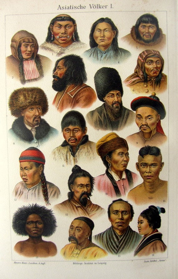 1904 Antique Asian NATIVE PEOPLE color lithograph engraving