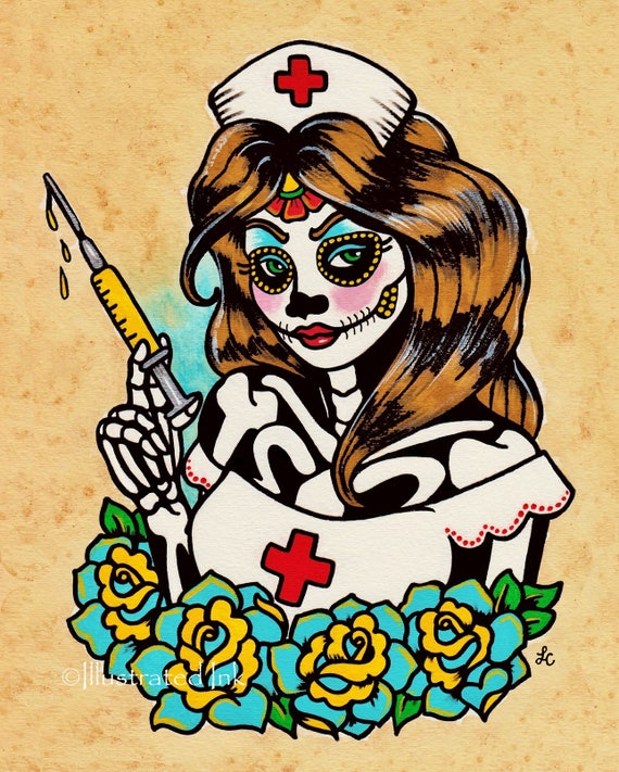Day of the Dead NURSE Old School Tattoo Art Print 5 x 7 8 x