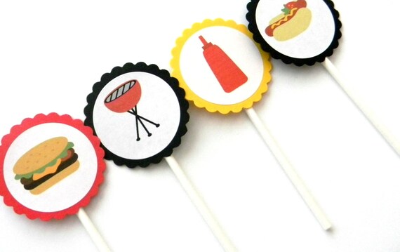 12 BBQ Cupcake Toppers Cook Out Theme Birthday Toppers BBQ