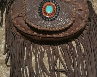 Boho leather bag turquoise fringe purse large size