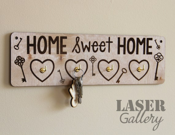 HOME Laser Cut Engraved Key Holder for Wall Wooden Key Rack