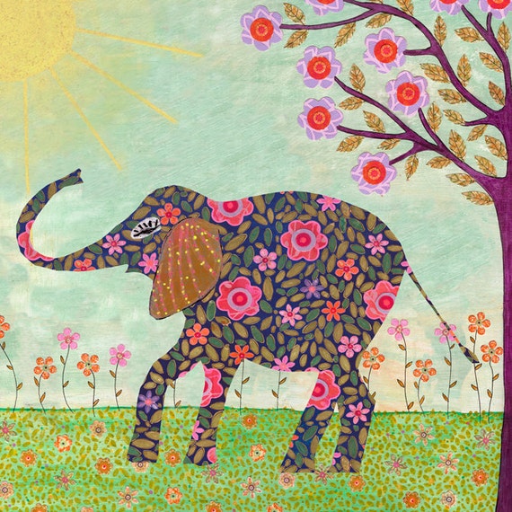 Elephant Painting Collage Elephant Art Print Nursery Art
