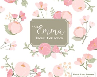 Emma Floral Heart Clipart & Vectors in Navy and Blush navy